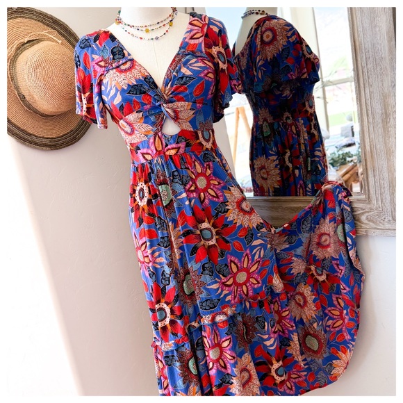 Angie | Dresses | Angie Vibrant Floral Maximidi Dress In Red And Blue ...